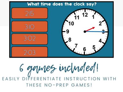 Telling Time, Reading Clocks, Elapsed Time Leveled Digital Review Games