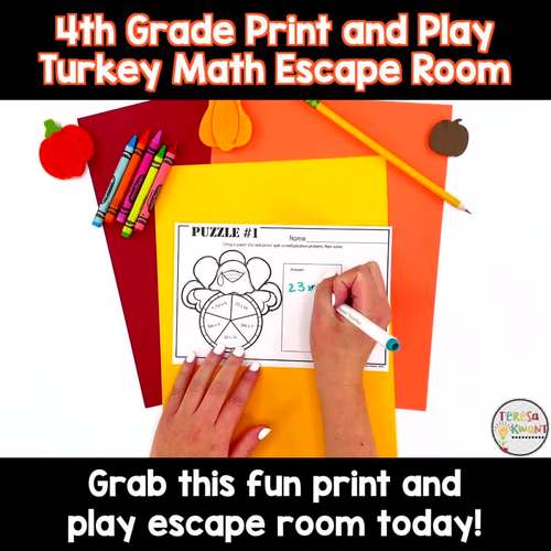 4th Grade November Turkey Thanksgiving Math Escape Room Breakout Activity