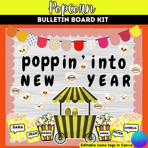 New Year Bulletin Board Kit 2025 Popcorn Door Decoration January Editable