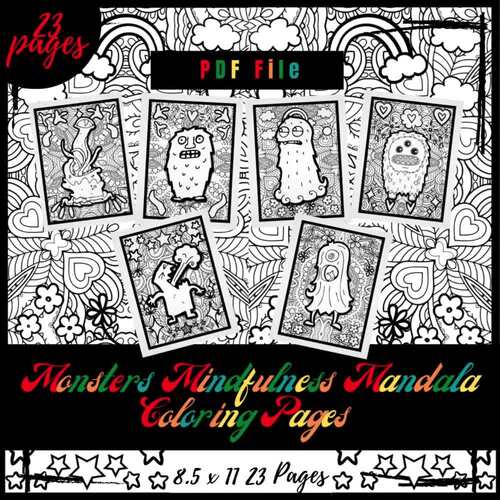 Monsters Mindfulness Coloring Pages, Kids Relaxing Printable Sheets PDF
