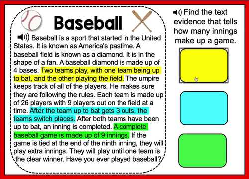 Baseball Finding Text Evidence Comprehension Boom Cards by 3rd Grade ...