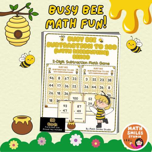Busy Bee Subtraction to 100 Bingo | With Regrouping | Math Game | 2nd Grade