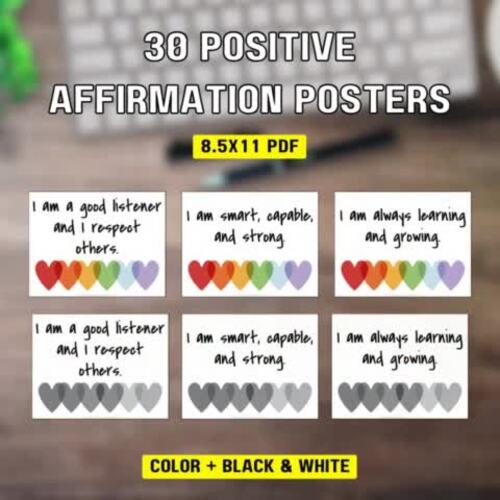 I am... 30 Printable Affirmation Poster (Rainbow Hearts COLOR, B&W)