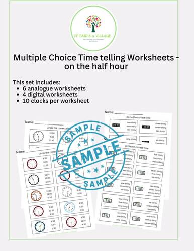 Time telling worksheets-to the HALF hour-multiple choice-analogue + digital