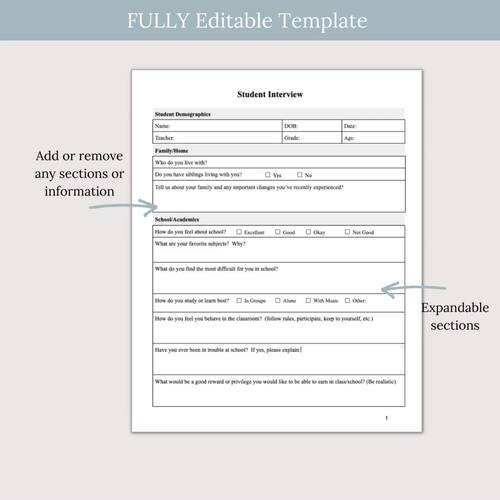 Student Interview Form for School Counselors and School Psychologists