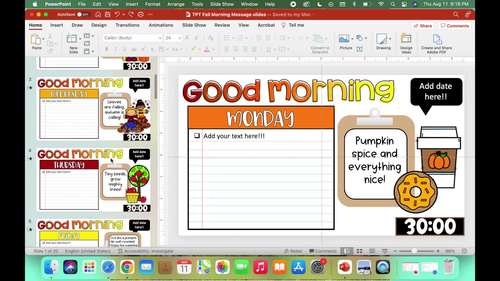 FALL Editable Morning Message PowerPoint Slides (with Timers): Monday ...