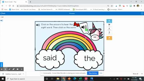 Kindergarten Sight Words Spring Rainbow Unicorn Digital Game Boom Cards