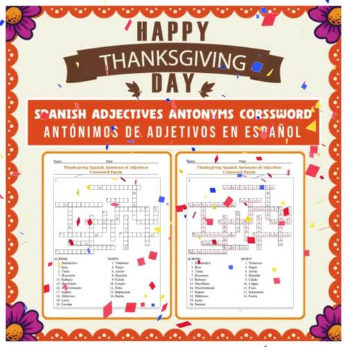 Thanksgiving Spanish Antonyms Crossword Puzzle Activity | TPT