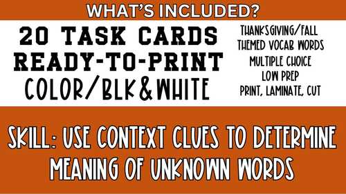 Thanksgiving Fall Theme Context Clues Vocabulary Task Cards by Benu ...