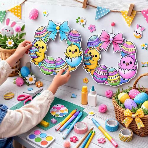 Easter Day Wreath Coloring Craft Templates, Spring DIY Craft Classroom ...