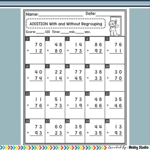 2 digit addition With and Without Regrouping - 100 Worksheet by Redsy ...