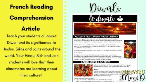 French Diwali Reading Comprehension or compréhension de lecture sur le ...