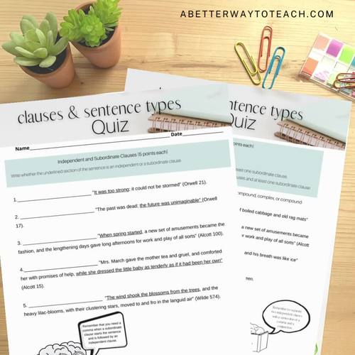 Clauses and Sentence Types Quiz by A Better Way To Teach | TPT