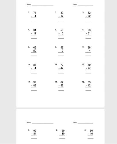 Back to School Math Subtraction Subtract Minus Practice Review Pages Sheets