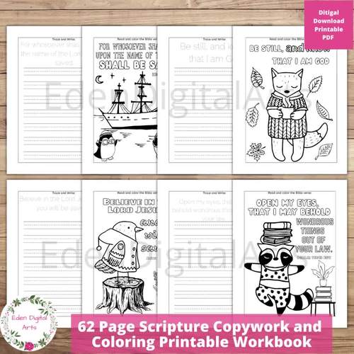 Bible Memory Verse Scripture Copywork Writing and Coloring Cute Animals ...