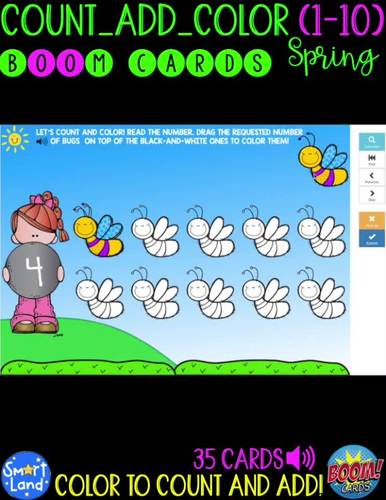 Counting and addition 1-10 digital cards | Spring by Smart Land Printables