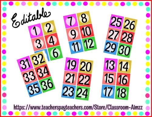 Number Labels from 1 to 36, Editable Number Labels, Square Number Labels