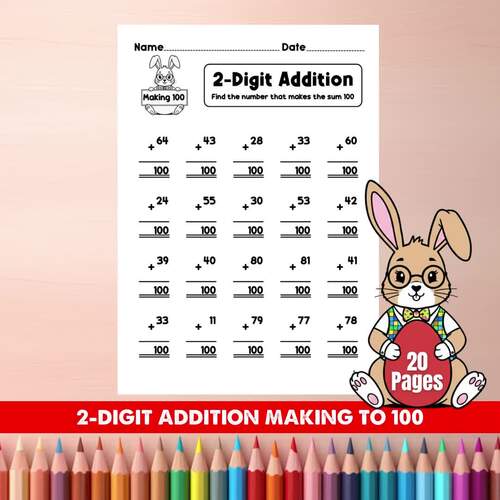 2-Digit Addition to 100 – Easter Math Worksheets | Making 10 Strategy ...