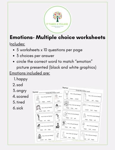 Emotions WORKSHEETS-set 3-multiple choice (in black and white) | TPT