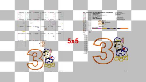 Chase Paw Patrol Birthday Number 3 Applique Design - Instant Download