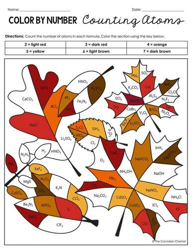 Counting Atoms Color By Number Fall Leaves Science Activity - Chemistry