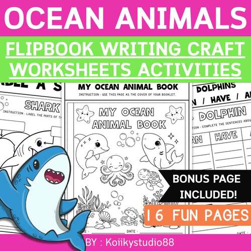 Ocean Animal Flipbook Writing Craft Worksheets for PreK to Grade 2