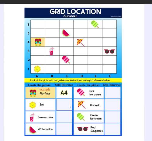 Grid Location digital worksheet (Summer elements grid reference activity)