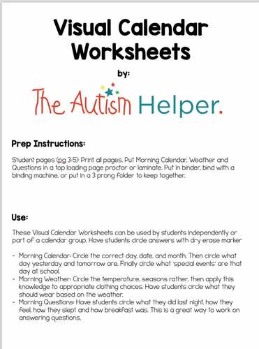 Visual Calendar Worksheets by The Autism Helper | TPT