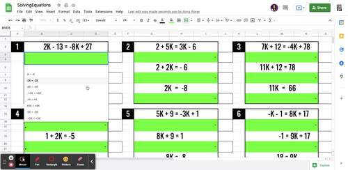 Solving Equations with Variables on Both Sides Google Sheets Activity