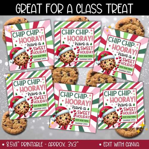 Christmas Chocolate Chip Cookie Gift Tags, Sweet Holiday Class Student ...