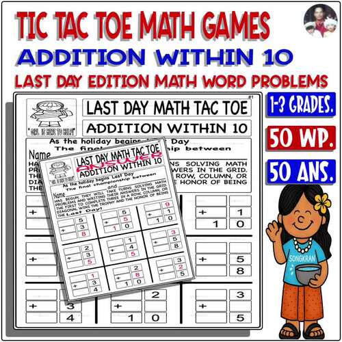 Last Day Math Game Tic Tac Toe Addition Word Problems Within 10 - Pack ...
