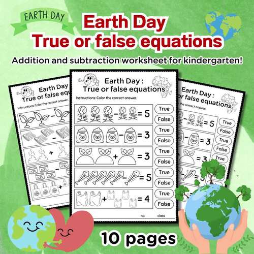 Earth Day True or False Equations, addition & subtraction worksheet for ...