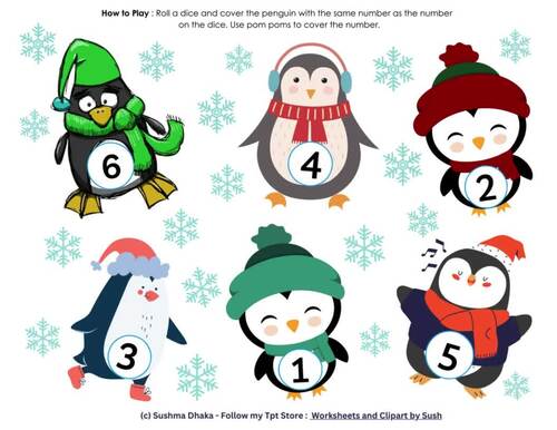 PENGUIN MATH Roll and Cover DICE GAME - NUMBER RECOGNITION AND ADDITION