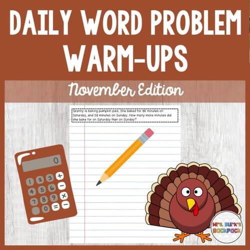 NOVEMBER Daily Addition & Subtraction Math Word Problem Warm-Ups