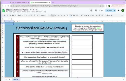 Civil War Causes Sectionalism Google Sheets Digital Review Game Activity