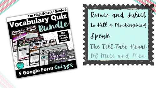 Vocabulary Quiz BUNDLE for 20 HS Texts | Grades 9 10 11 12 | Google Forms