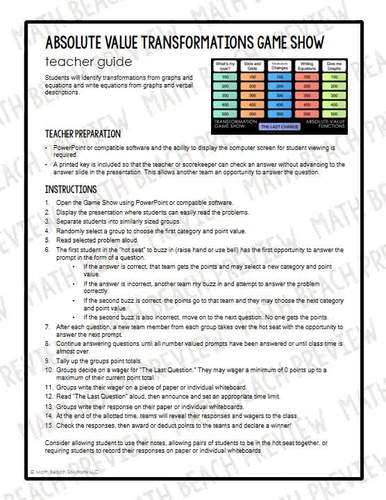 Absolute Value Transformations Game Show Activity by Math Beach Solutions