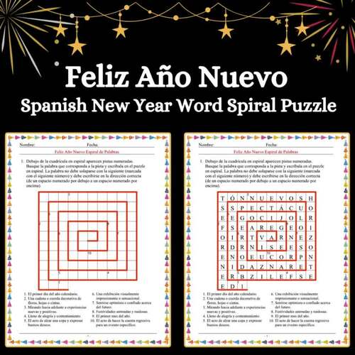 Spanish New Year's Vocabulary Word Spiral Puzzle Worksheets - Feliz Año ...