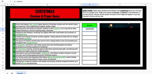 CHRISTMAS COMMON & PROPER NOUNS Google Sheets Digital Mystery Picture