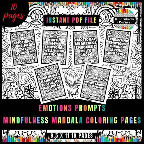 Emotions Printable Sheet & Prompts Mindfulness Mandala Coloring Sheets