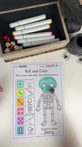 Roll and color skeleton, quick halloween math activity, halloween dice game