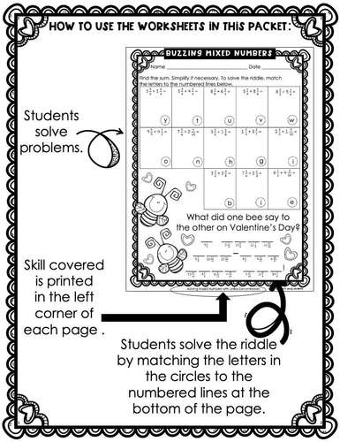 Valentine's Day Fractions and Mixed Numbers Math Riddles Worksheets