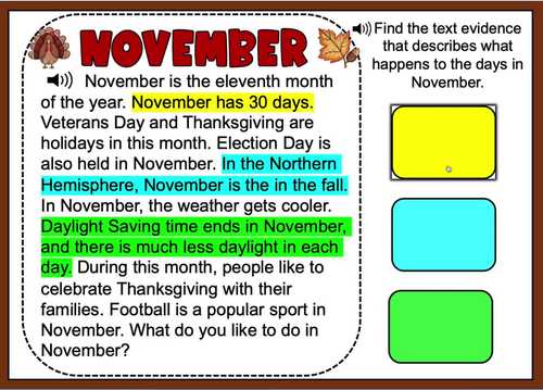November Finding Text Evidence Task Cards Digital Reading Boom Cards