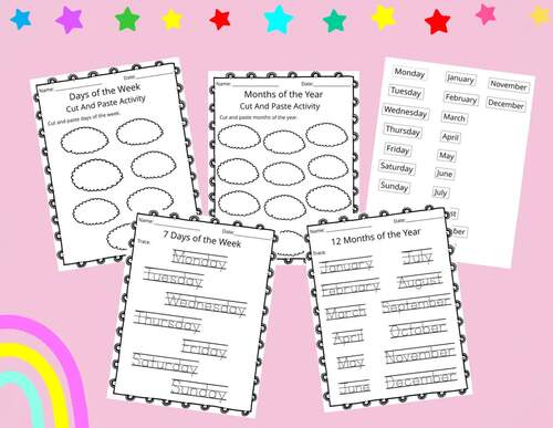 Weekdays and Months Cut and Paste Activity, Tracing Activity for Students