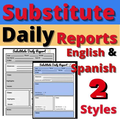 Substitute Resource Daily Report Sub Teacher English Spanish | TPT