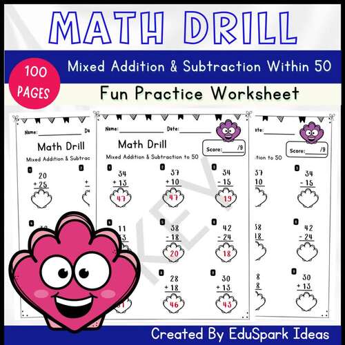 2 Digit Mixed Addition & Subtraction Within 50 : Math Drill | for 1st ...