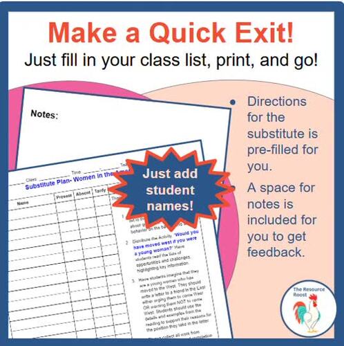 U.S. History Emergency Sub Plan- Women in the West: Reading & Activities