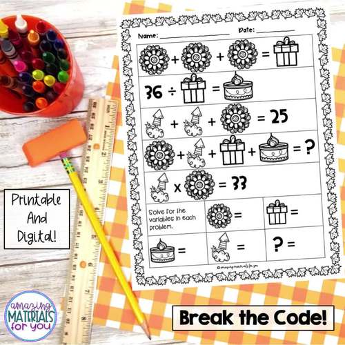 Crack the Code Algebraic Thinking Logic Puzzles November Holidays