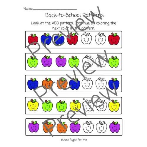 Back to School Complete the Pattern Worksheets by Just Right For Me