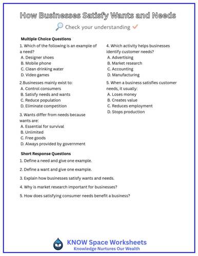 How Businesses Satisfy Wants and Needs Business Studies Worksheet